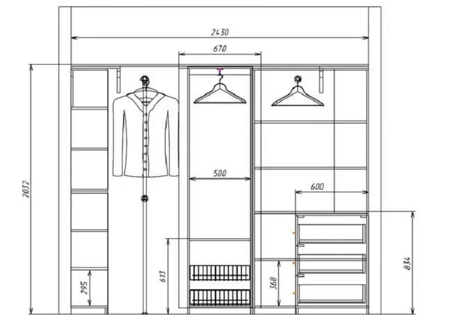 Garderobe kamer: lay-out met afmetingen 1077_15