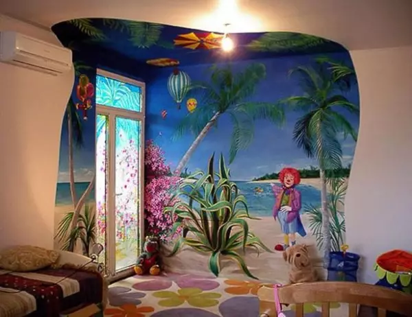 牆壁壁畫在兒童房的男孩