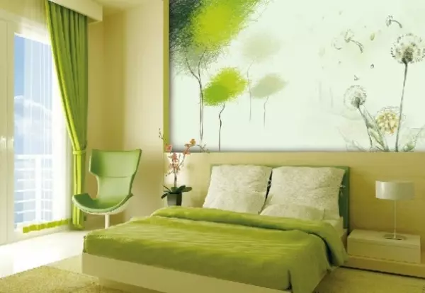 绿色墙壁薄雾在厨房内部，卧室，客厅