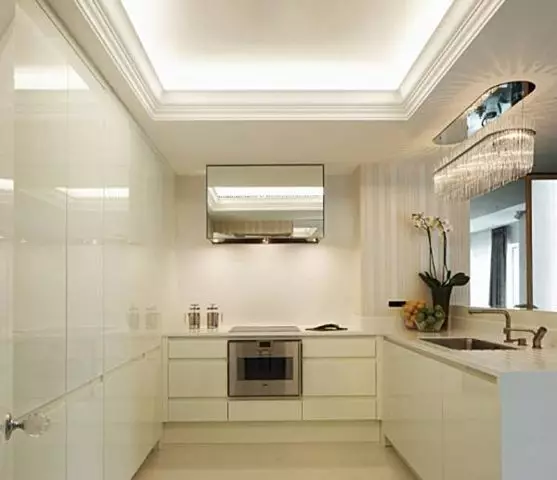 在厨房里拉伸两级天花板：有光泽，遮罩，设计和照片