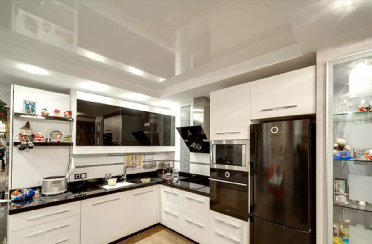 Stretch Dwupoziomowy sufit w kuchni: błyszczący, matowy, projektowy i zdjęcie