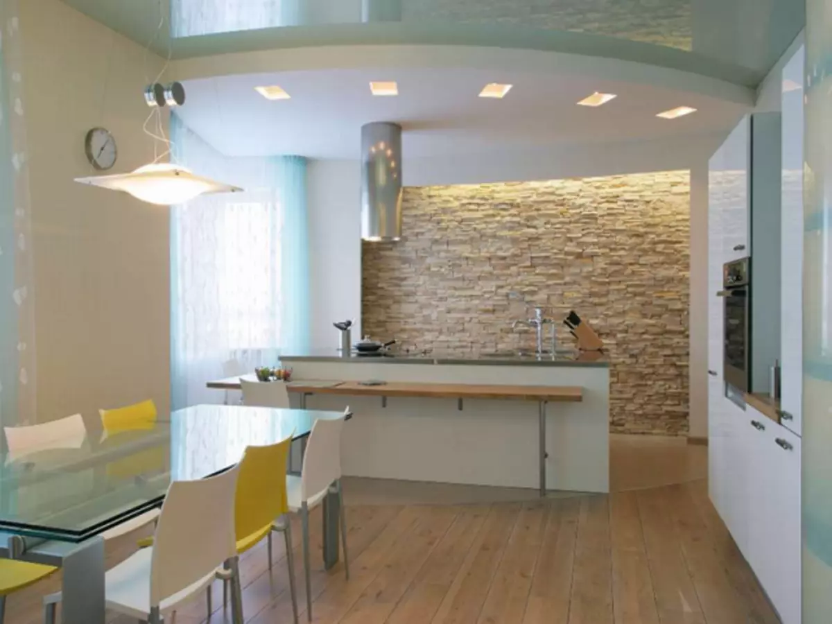 Stretch dvouúrovňový strop v kuchyni: lesklý, matný, design a fotografie
