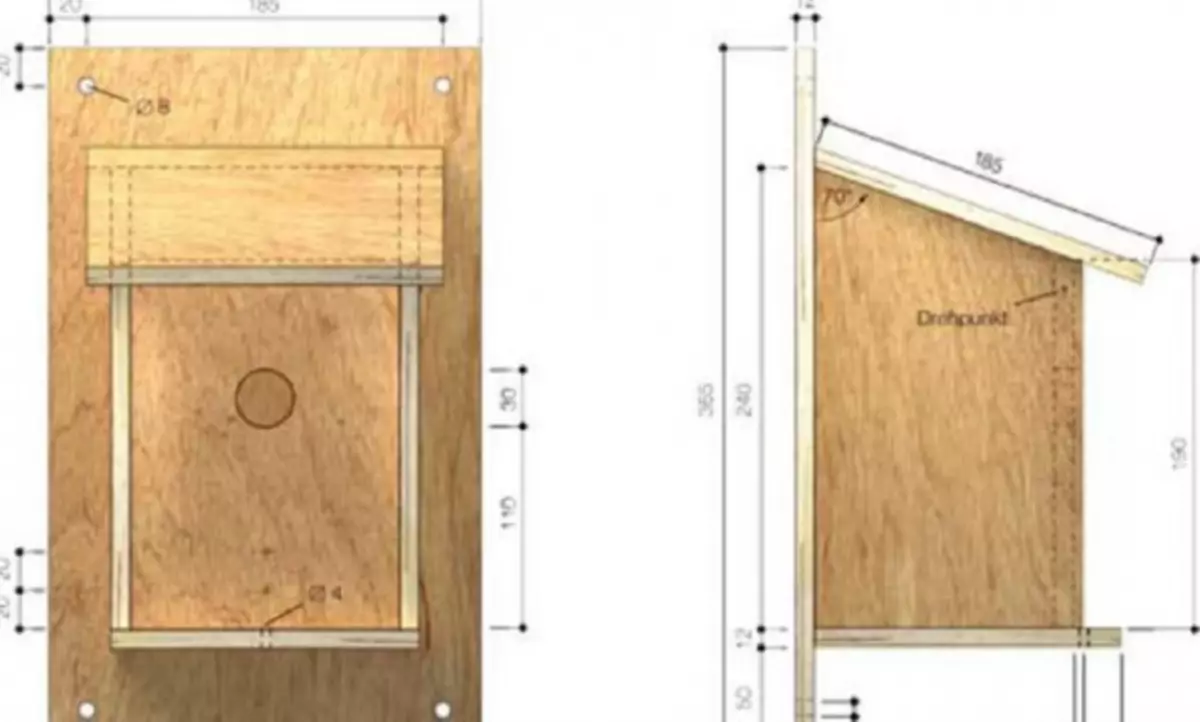 Birdhouse de madeira compensada: tamaños, debuxos, como facelo só
