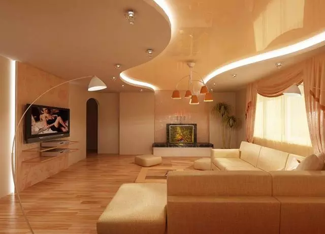 Two-Level Stretch таван с подсветка: изгледи и снимки в интериора