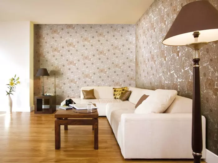 Ang kumbinasyon ng wallpaper ng dalawang kulay sa living room + larawan 5591_15
