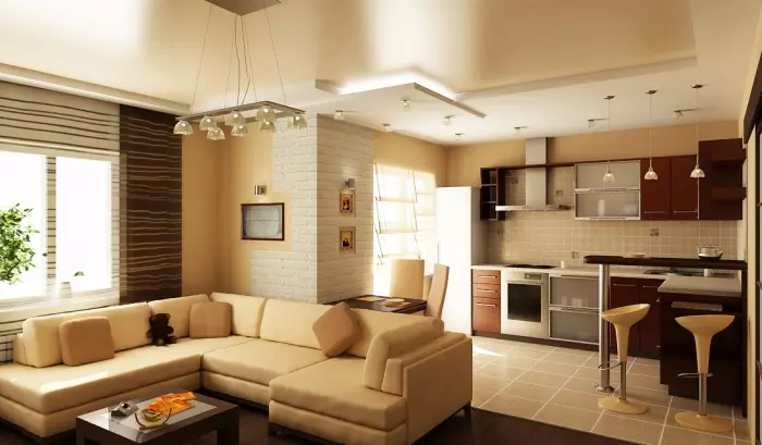 باورچی خانے کے رہنے کے کمرے 30 مربع میٹر: ڈیزائن + تصویر 5727_12