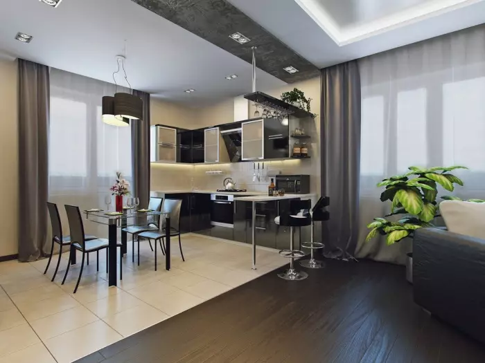 باورچی خانے کے رہنے کے کمرے 30 مربع میٹر: ڈیزائن + تصویر 5727_22